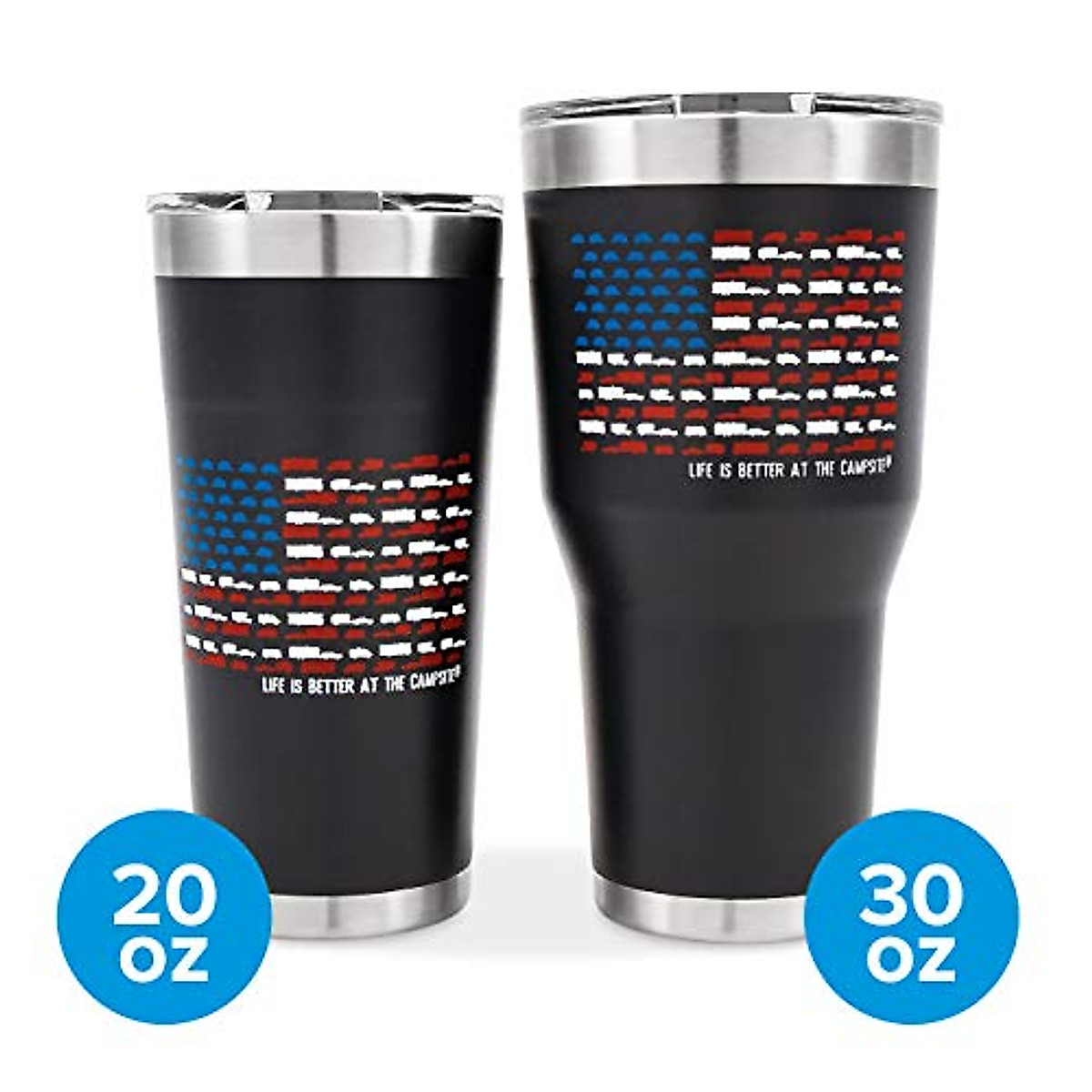 Camco Life is Better at The Campsite Stainless Steel 20 oz. Tumbler with Double Wall Insulation | Great for Hot and Cold Drinks | Charcoal with US Flag Print (53065)