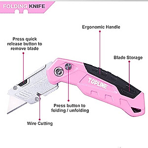TOPLINE Folding Pink Utility Knife, Pocket Folding Pink Box Cutter, Blade Storage Design, 18-Piece SK5 Blades and a Dispenser Included (1 PACK(PINK))