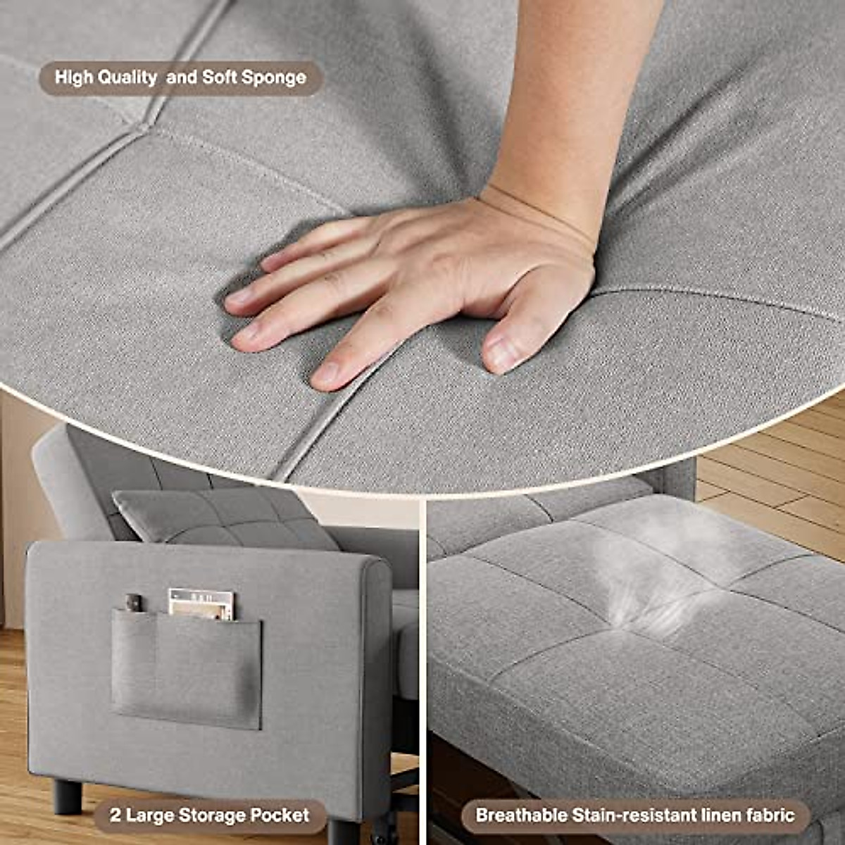 Convertible Sleeper Sofa Chair Bed, 3-in-1 Single Convertible Chair Bed, Adjustable Chair with Pillow and Pocket, Multi-Functional Sleeper Chair with Modern Linen Fabric for Apartment, Light Gray