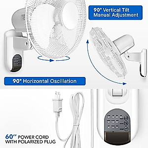 HealSmart 16 Inch Adjustable Tilt, Digital Household Wall Mount Fans, 90 Degree, 3 Speed Settings, 1 Pack, White, 1-Pack