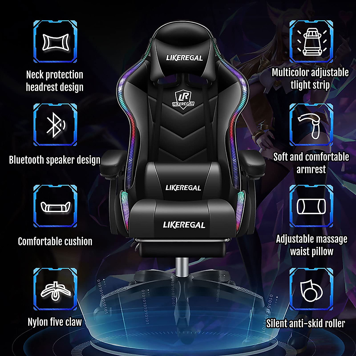 Floor Gaming Chair-135°Reclining Adjustment Gaming Chairs for Adults, with Massager Lumbar Support and Telescopic Footrest Ergonomic Office Chair, Race Game Chair (Black red)