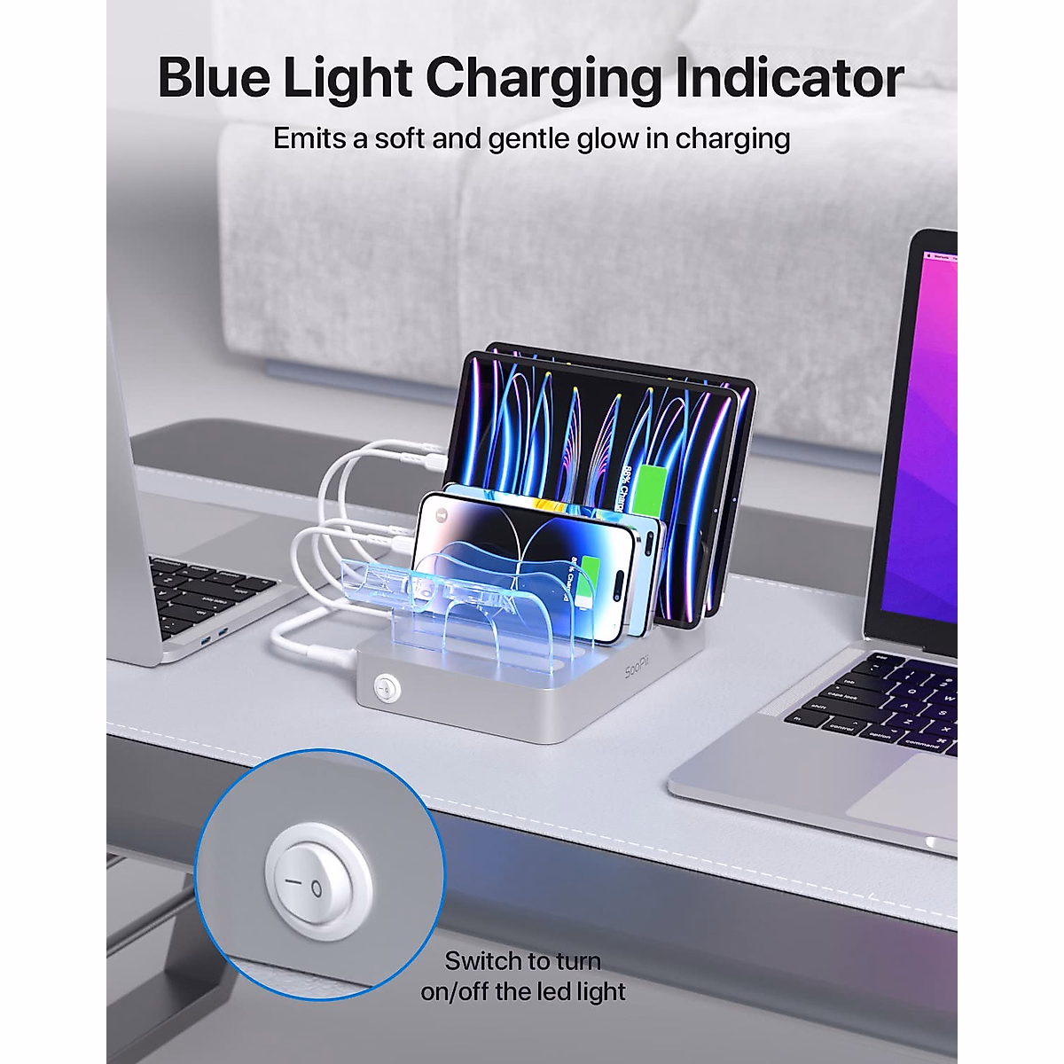 SooPii Premium 6-Port USB Charging Station Organizer for Multiple Devices, 6 Short Charging Cables and One Upgraded i-Watch Charger Holder Included, for Phones,Tablets and Other Electronics, Silver