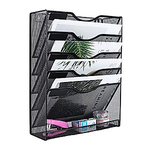 EasyPAG Mesh Wall Hanging File Organizer Holder 5 Tier Vertical Pocket Magzine Rack with Tray | Sides Closed ,Black