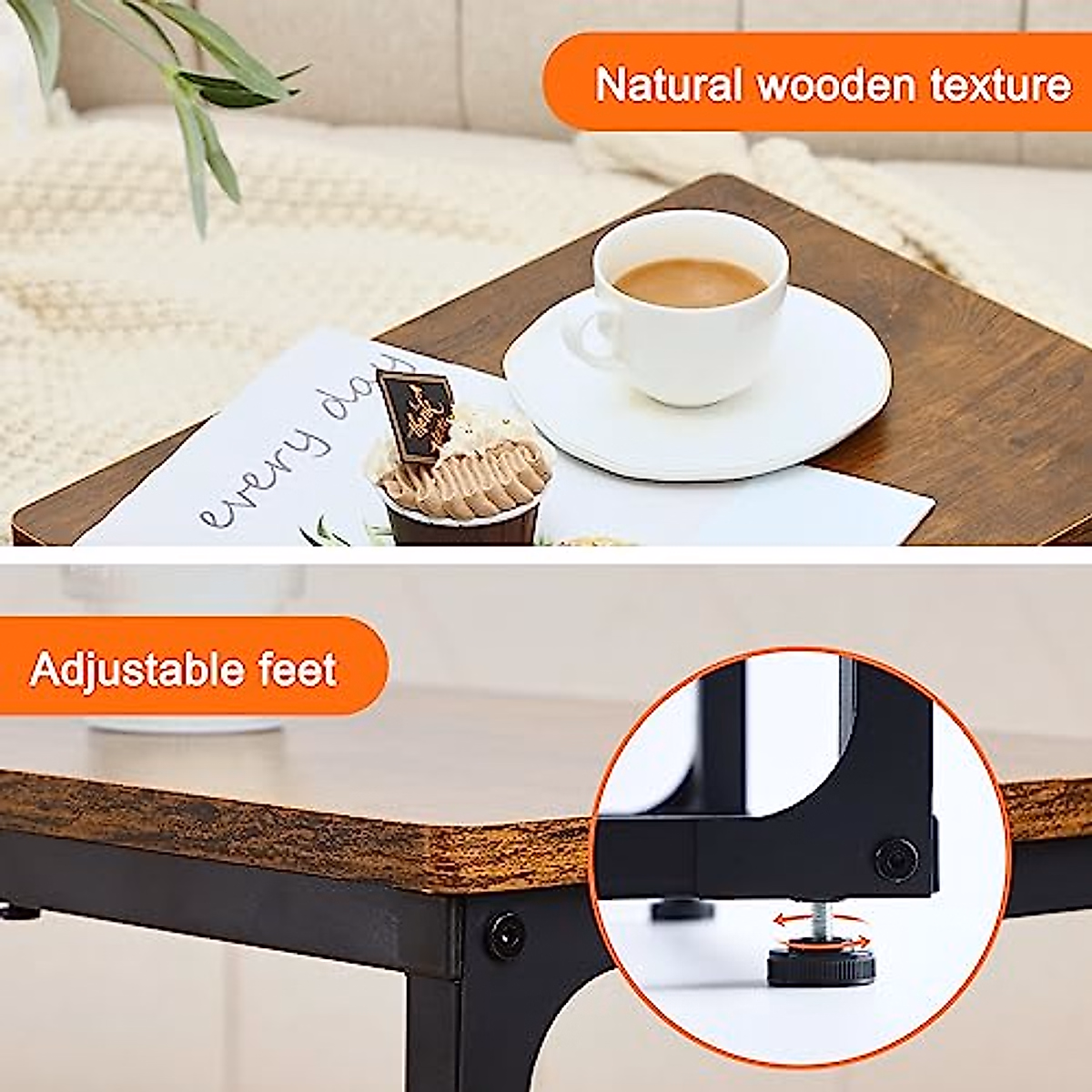Fixwal C-Shaped End Table Set of 2, Side Tables Couch Table, Snack Table for Living Bedroom Coffee Snack Laptop, Rustic Brown