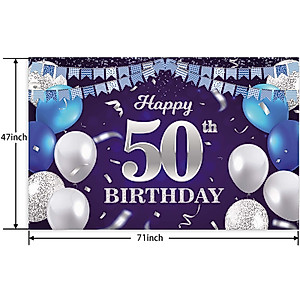 Happy 50th Birthday Banner Backdrop Navy Blue Balloons Confetti Stripe Flag Light Spots Cheers to 50 Years Old Theme Decorations Decor for Women Men 50th Birthday Party Bday Supplies Glitter Silver