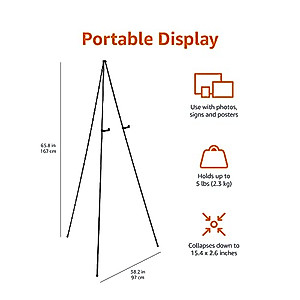 Amazon Basics Easel Stand, Instant Floor Poster, Lightweight, Collapsible and Portable with Tripod Base, Black Steel(supports 5 pounds)