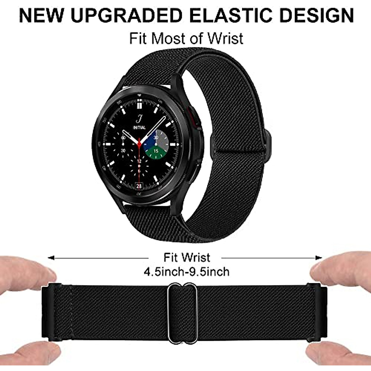 Olytop Elastic Bands for Galaxy Watch 5/4 Bands 44mm 40mm/5 Pro Band, Galaxy Watch 4 Classic Bands 46mm 42mm/Active 2 Women Men, 20mm Stretch Nylon Replacement Strap(Black+Grey)