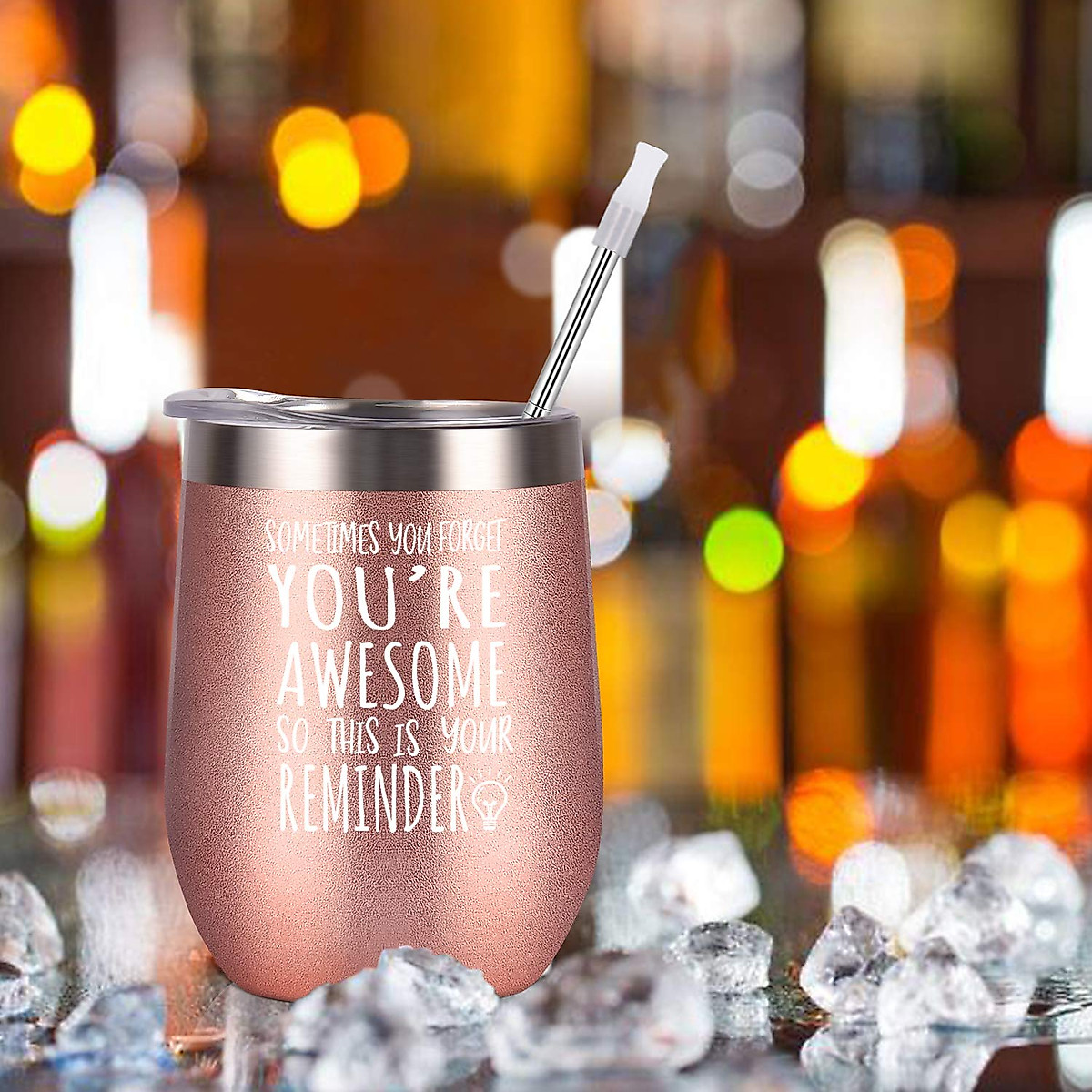 4 Pack Wine Tumbler, Thank You Idea-Sometimes You Forget You're Awesome, Appreciation Idea for Women Friend Mom Wife Coworker Sister, Insulated Stainless Steel Tumbler with Lid(12oz, Rose Gold)