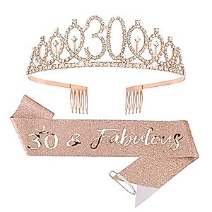 CIEHER 30th Birthday Crown + 30th Birthday Sash + Pearl Pin Set, 30th Birthday Decorations for Women 30th Birthday Gifts for Her 30 Cake Topper 30th Birthday Tiara Happy 30th Birthday Party Rose Gold