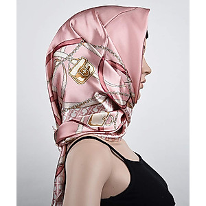 corciova 35 x 35 Women Silk Hair Scarf Pale Pink Chains Belts Curly Headband Tie Sleeping at Night Fashion Bandana Headscarf
