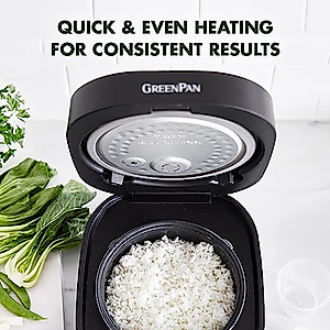 GreenPan Healthy Ceramic Nonstick Rice Quinoa Steel Cut Oats & Grains Cooker,Easy Meal Presets,4 Cups Uncooked (8 Cooked),Cool Touch,Compact,Warms, Steam,Removeable Bowl,Spatula Ladle&Cup, Matte Black