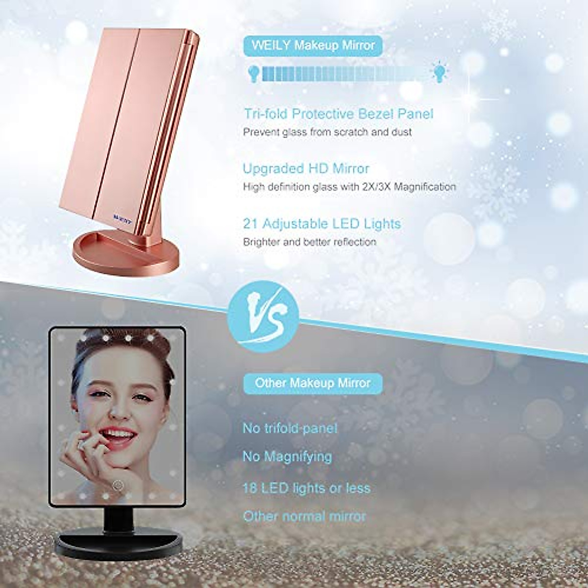 WEILY Makeup Mirror with 21 LED Lights,Two Power Supply, Touch Screen and 1x/2x/3x Magnification Tri-Fold Vanity Mirror, Gift for Women（Rose Gold）