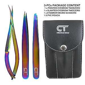 Eyebrow Tweezers Set – Pointed and Slanted Tweezers, Eyebrow Lash Trimming Scissors, Rainbow Professional Set