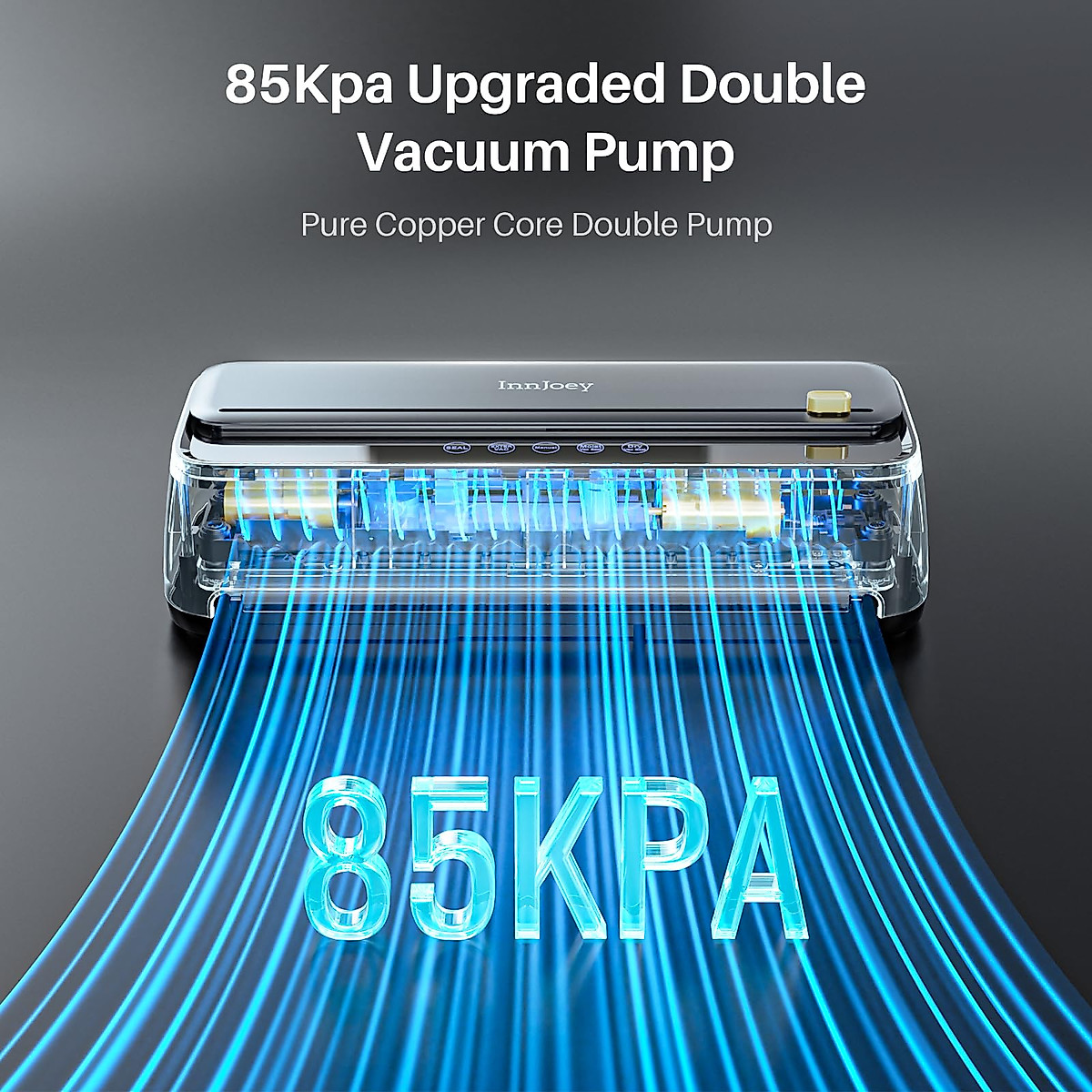 InnJoey Vacuum Sealer Machine, 85kPa 120W Automatic Food Sealer, Powerful Sealing System, Build-in Cutter | Moist Mode and Air Suction Hose | Bag Rolls and 5pcs Storage Bags