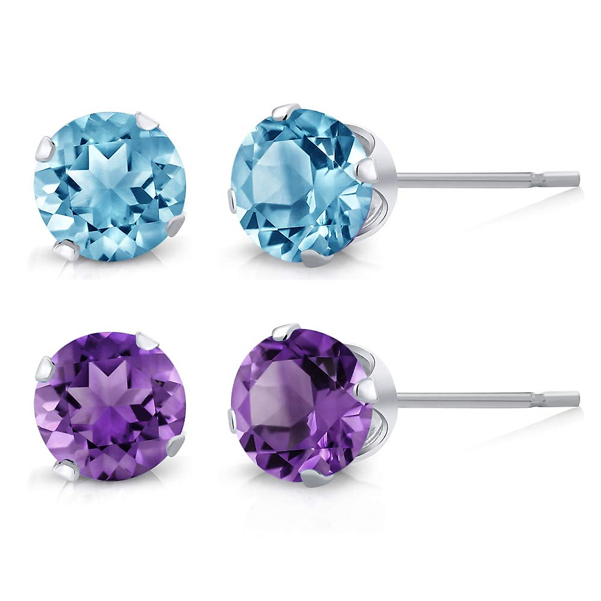 Gem Stone King 925 Sterling Silver 4MM Purple Amethyst and Blue Topaz Stud Earrings For Women Men Set of 2