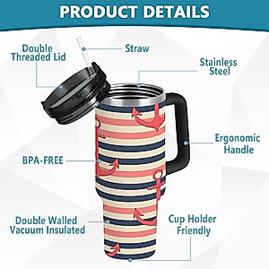 FRCSDIY Striped Anchor Insulated Tumbler with Handle and Straw Lid,40oz Leakproof Stainless Steel Cup BPA-Free Water Bottle