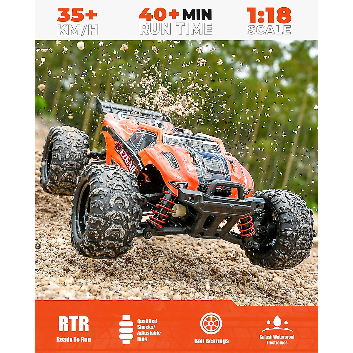 BEZGAR HM181 Hobby Grade 1:18 Scale Remote Control Monster Vehicle Trucks - 4WD Top Speed 35 Km/h All Terrains Off Road RC Truck, Waterproof RC Car with 2 Rechargeable Batteries for Kids and Adults
