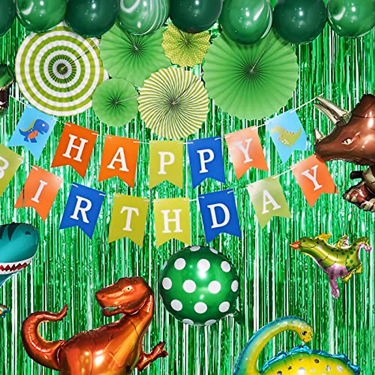 GoGoGoodie Dinosaur Party Decorations-Three Rex Jurassic World Park Themed Birthday Decorations Green Balloons Arch Garland Kit Dino Foil Balloons HAPPY BIRTHDAY Banner Paper Fan Curtains for Boys