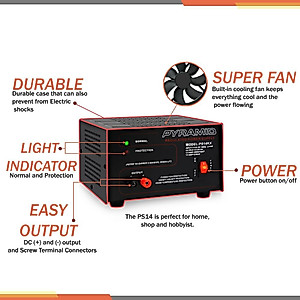 Pyramid Universal Compact Bench Power Supply - 12 Amp Linear Regulated Home Lab Benchtop AC-to-DC 12V Converter w/ 13.8 Volt DC 115V AC 270 Watt Power Input, Screw Type Terminals, Cooling Fan PS14KX