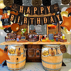 BORAMDO Whiskey Birthday Party Decorations for Men, Aged to Perfection Party Supplies including Whiskey Birthday Banner, Cake Toppers, Whiskey Foil Balloons, Tissue Paper Flowers (brown)