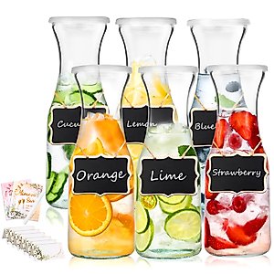 CUCUMI 6pcs 35oz Glass Carafe with Lids, Glass Juice Carafe Set for Mimosa Bar, Bubbly Bar, Brunch, Iced Tea, Parties Banquets