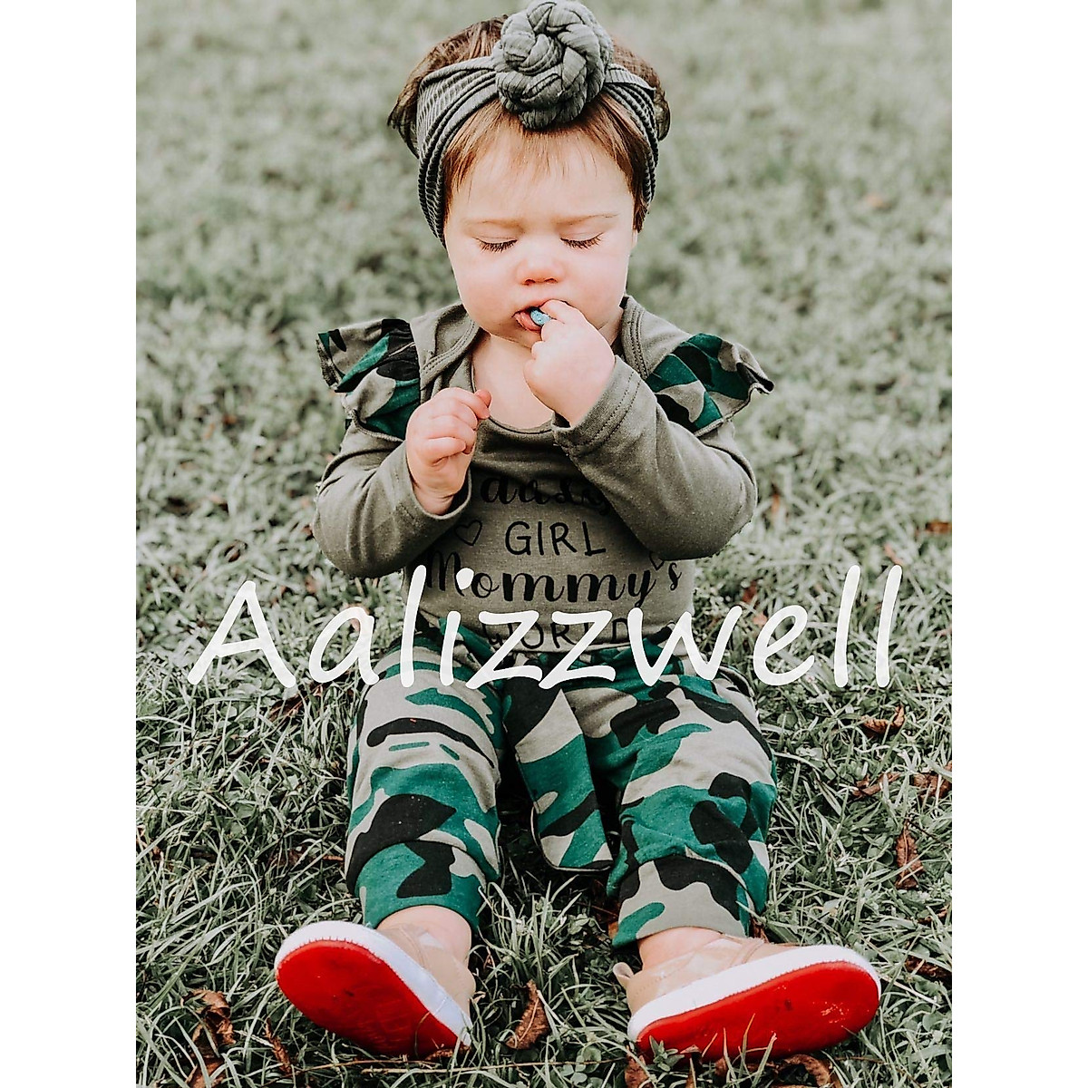 Aalizzwell Baby Girls Long Sleeve Ruffle Bodysuit Pants Headband Infant Outfit Toddler Winter Clothes Set (Camouflage, 3-6 Months)