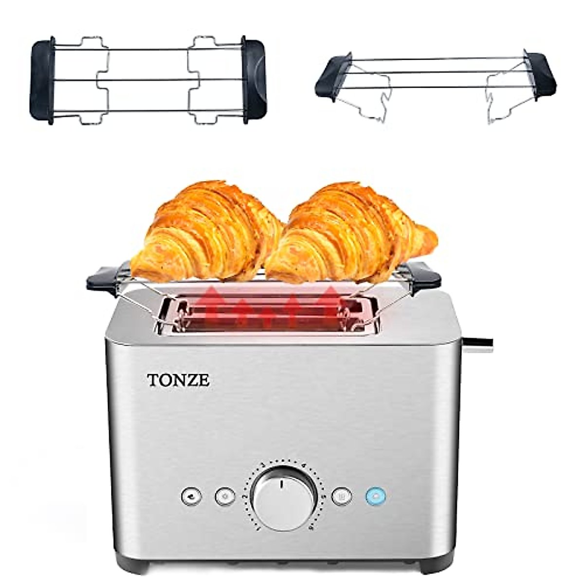 Toaster 2 Slice 1.57" Wide Slot with Heating Rack- Stainless Steel 2 Slice Toaster Easy to Use, Removable Crumb Tray Easy to Clean, Bagel/Defrost/Reheat/Cancel/6 Browning Settings Function, Save Time
