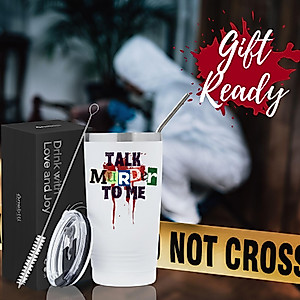 Onebttl True Crime Gifts for Crime Fans, True Crime Lovers, Serial Killer Gifts for Women, Men, Junkie, Talk Murder To Me, Stainless Steel Travel Mug Cup Tumbler, 20oz, White