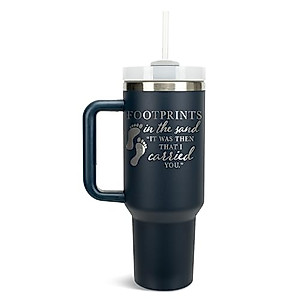 Elanze Designs Footprints In The Sand Walk With Faith 40 oz. Stainless Steel, Large Water Bottle Coffee Mug, Spill & Leak Resistant, Thermal Travel Tumbler with Handle, Lid & Straw, Navy Blue