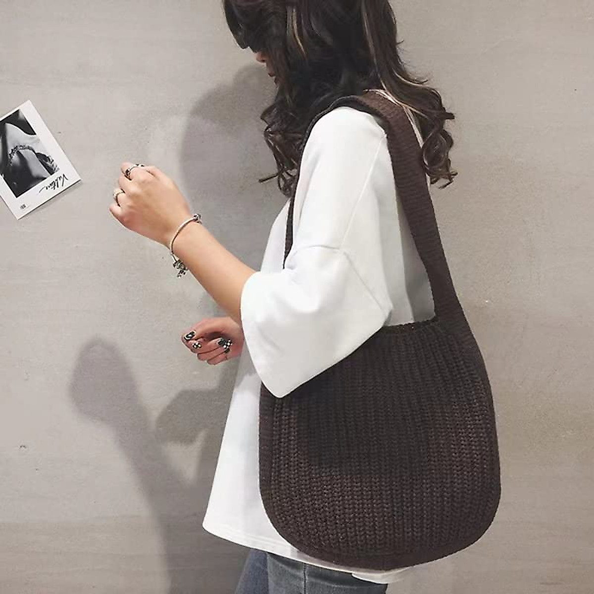 Fairy Grunge Knitted Shoulder Bags Y2K Fairycore Tote Bag Aesthetic Hobo Bag Indie Crossbody Bag Alt Purse Accessories (Coffee)