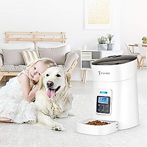TSYMO Automatic Cat Feeder - 1-6 Meals Auto Dog Food Dispenser with Anti-Clog Design, Timer Programmable, Voice Recording & Portion Control for Small & Medium Pets (4 L White)