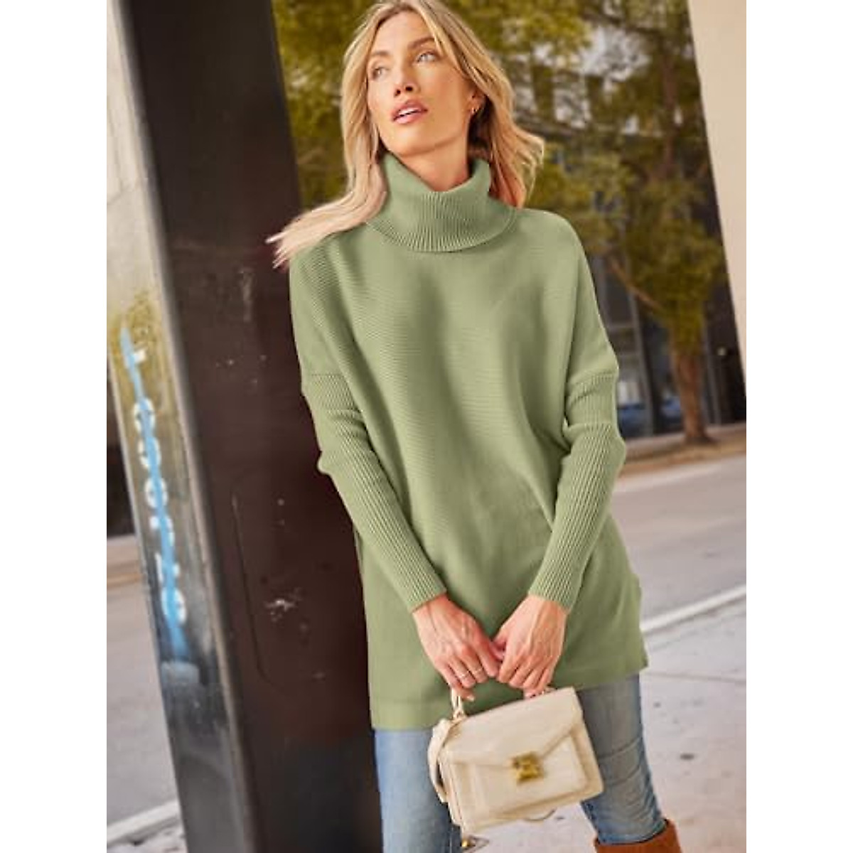 LILLUSORY Oversized Turtleneck Pullover Sweaters Womens 2024 Long Tunic Sweater Winter Trendy Casual Poncho Cowl Neck Cute Tops Dress Fall Fashion Clothes Outfits Clothing Light Green