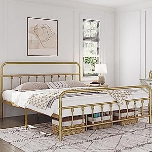 Topeakmart King Size Victorian Style Metal Bed Frame with Headboard/Mattress Foundation/No Box Spring Needed/Under Bed Storage/Strong Slat Support Antique Gold
