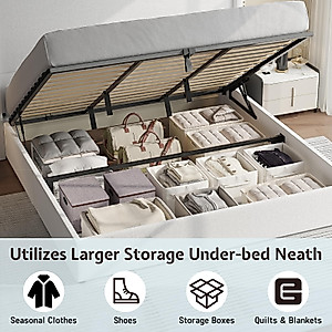 Jocisland Lift Up Storage Bed King Size, Upholstered Platform Bed Frame Tall Headboard with Wingback, Hydraulic Lifting Underneath/Wood Slats Support (White)