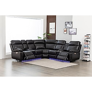 Kingway Inc Rexon Power Recliner Sectional Living Room Sofa Set with speaker,LED and USB port, Brown