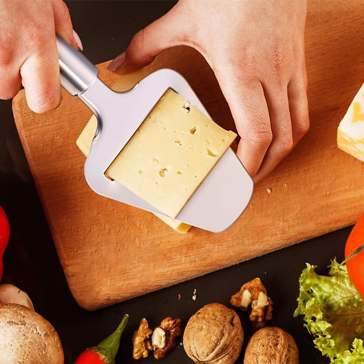 CALIDAKA Cheese Slicer & Cheese Cutter, Stainless Steel Cheese Slicer with 5 Replacement Wires,Cheese Cutter for Block Cheese, Metal Cheese Slicer Cutting Board