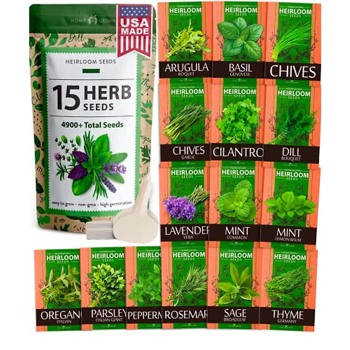 15 Culinary Herb Seeds Vault - Heirloom & Non GMO (2X More) 4900+ Seeds for Planting Indoor or Outdoor Herbs Garden | Gardening Gift for Men Women - Basil, Cilantro, Chives, Lavender, Mint, Thyme