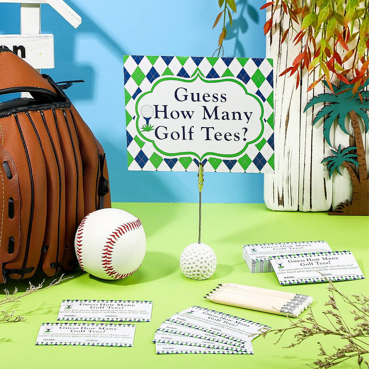 101 Pcs Guess How Many Golf Tees Cards 1 Resin Golf Ball Base Memo Clip Holder 10 Pencils Funny Games for Golf Theme Party Supply Bridal Shower Birthday Baby Shower