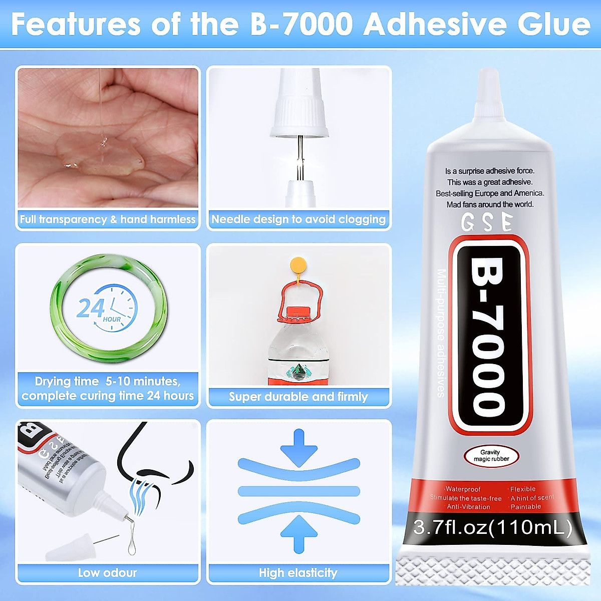 B7000 Rhinestones Glue for Crafts, 110ML Glue of Diamond Jewelry 3.7fl.oz Clear B-7000 Super Jewelry Glue Transparent Industrial Adhesive for Fabric Phone Repair Jewelery Making Crystal Gem