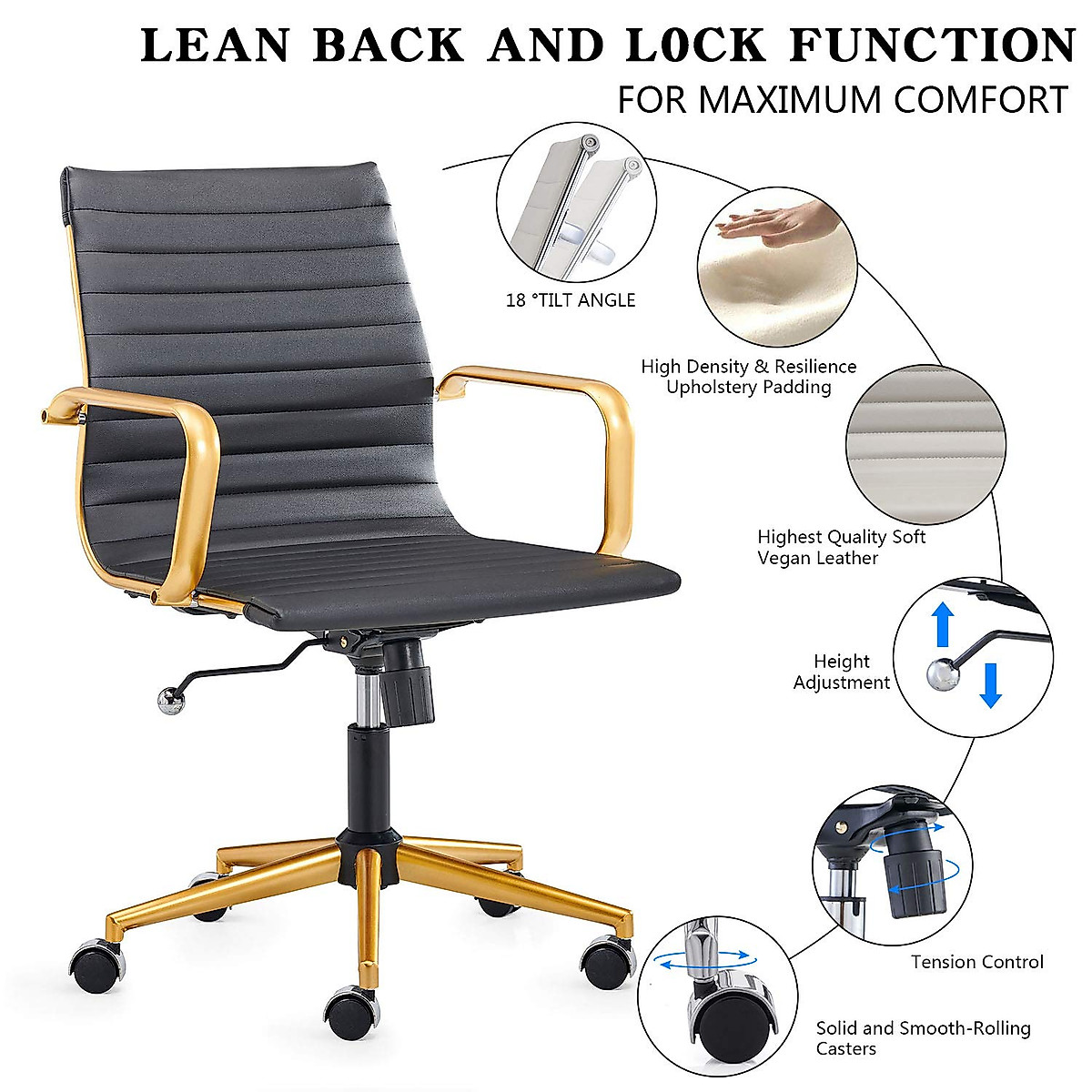 CAROCC Mid-Back Office Desk Chair - Gold and Black Task Chair with Back Support, Heavy Duty (320lbs), Swivel