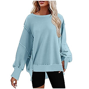 Ceboyel Women Oversized Sweatshirts Loose Fit Corded Sweatshirt Hoodie Crewneck Tunic Pullover Trendy Fall Clothes 2023 Christmas Sweatshirts for Women Light Blue 2X