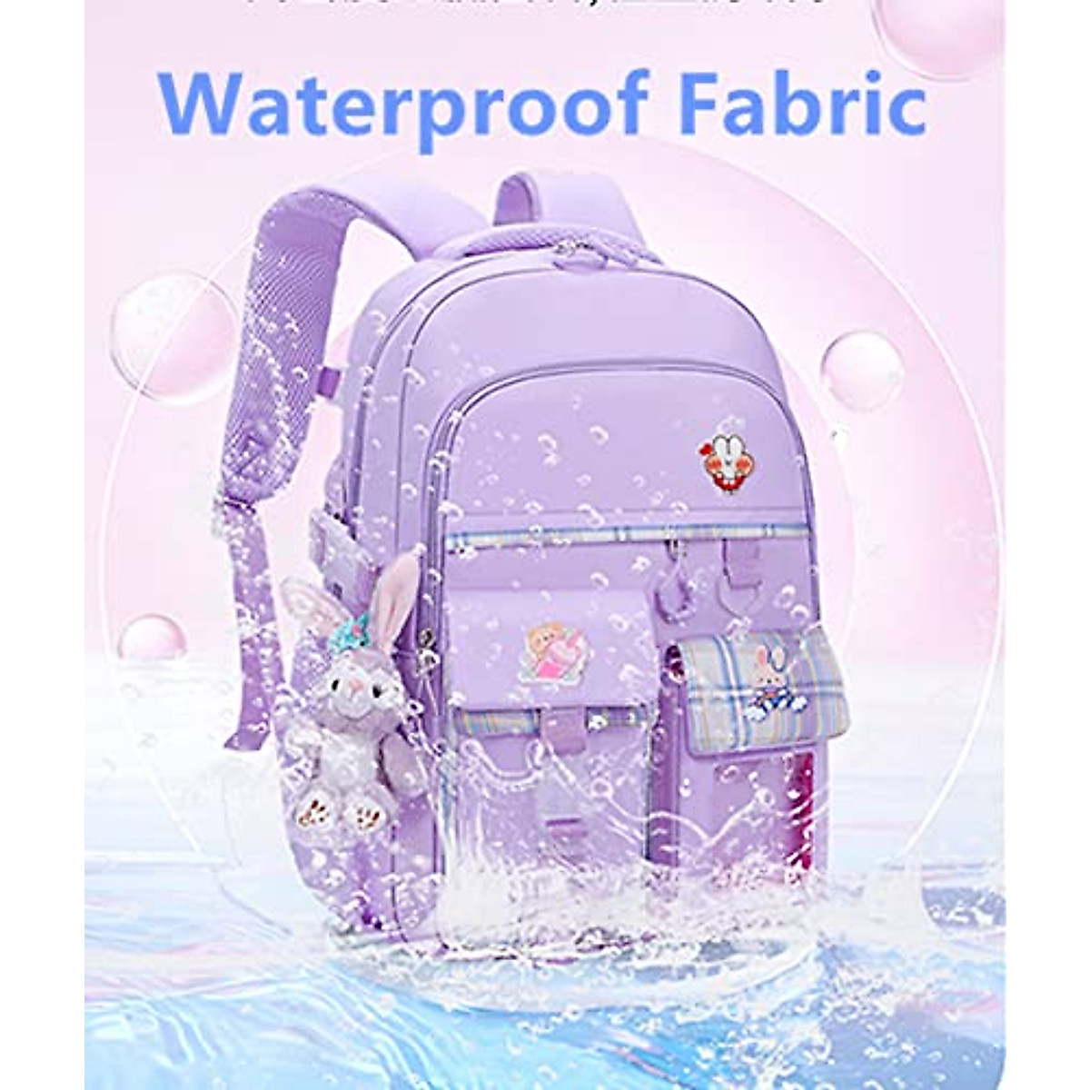 Myyunhx Backpack for Girls 17Inch Large Capacity Girl School Backpack for kid with Plush Cartoon Pendant and Decorative Card (Purple)