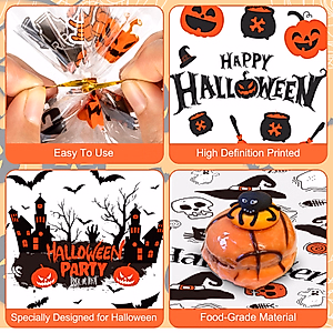100 Pcs Halloween Treat Bags - Happy Halloween Goodie Bag, Plastic Halloween Pumpkin Cellophane Bags Bulk, Clear Gift Goody Candy Bags with Twist Ties for Halloween Party Supplies Favors Decorations