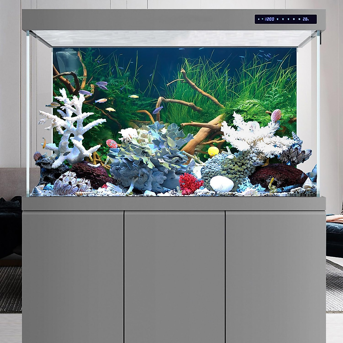 AWERT 30x18 inches Polyester Underwater Grass Plants Aquarium Background Aquatic Plants Stone River Bed and Dead Wood Stone Fish Tank Background