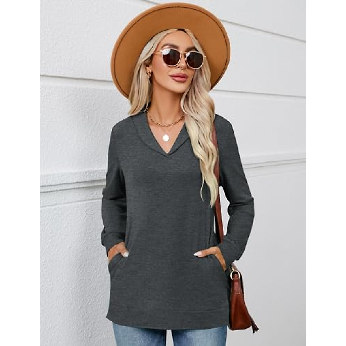 KTILG Womens Sweatshirts Long Sleeve V Neck T Shirts for Women Tunic Tops to Wear with Leggings Womens Long Sleeve Shirts(Dark Gray_Medium)