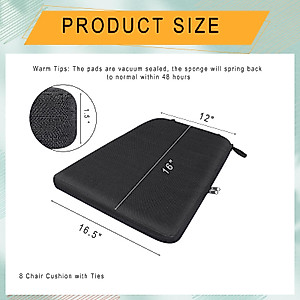 Qunclay 8 Pack Black Chair Seat Cushions Pads for Dining Chairs, Soft Foam Chair Cushion Pads with Ties and Washable Cover Non Slip for Room Kitchen Desk, 16 x 16.5 Inch