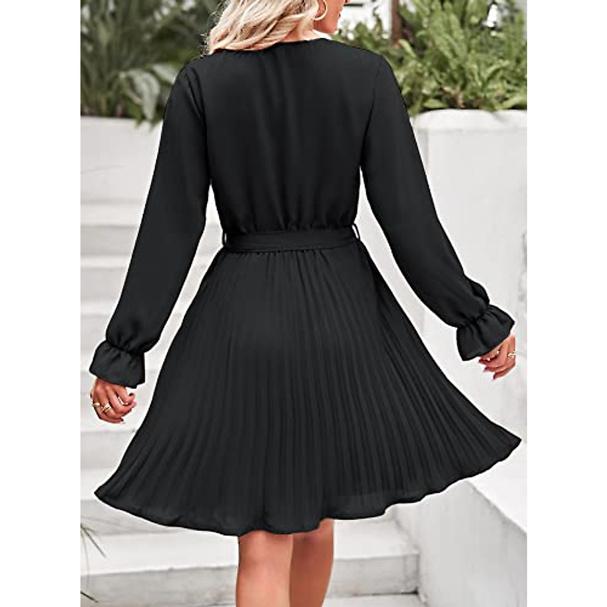 PRETTYGARDEN Women's Casual Fall Dresses Long Puff Sleeve V Neck Pleated Ruffle Flowy Belted Dress (Black,X-Large)
