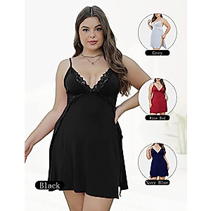 Queenfox Plus Size Babydoll Lingerie for Women Sexy Nightgowns Side Slit Sleepwear V-Neck Babydoll Dress Lace Chemise Black 3XL