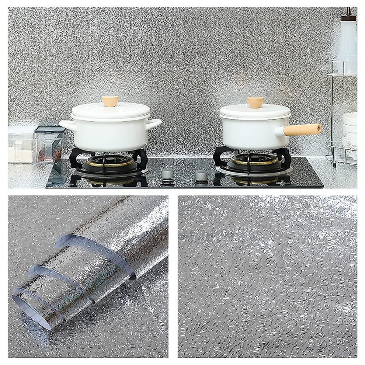 Kitchen Backsplash Stickers Self Adhesive Aluminum Foil Wallpaper, Oil Proof Heat Resistant Kitchen Wall Stickers for Cabinet Countertops Drawer Liner Shelves (15.7Inch x 16.4Ft)