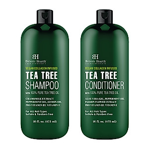 Botanic Hearth Vegan Collagen Infused Tea Tree Shampoo and Conditioner Set, 16 fl oz each - Sulfate Free, Paraben Free - For Itchy and Dry Scalp - Men and Women